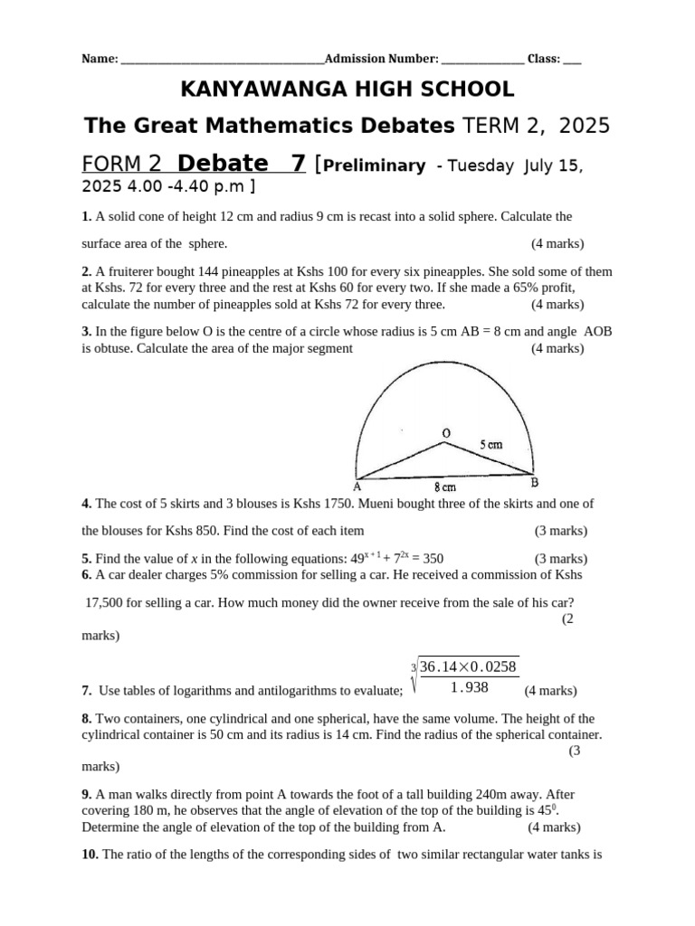 Kanyawanga High School Math Debate 2025 | PDF | Sphere | Elementary ...
