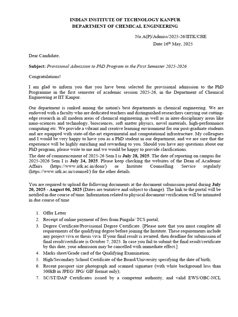 PHD Offer Letter Iitk Che | PDF