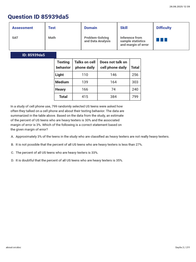 SAT Math Questions on Data Analysis | PDF | Sat | Mean