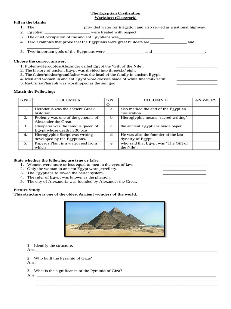 Egyptian Civilization Worksheet for Class 6 | PDF | Ancient Egypt | Pharaoh