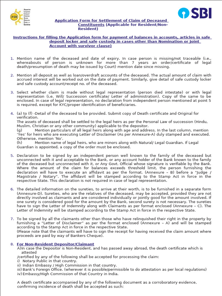 Application Form For Settlement of Claim of Deceased Constituents ...