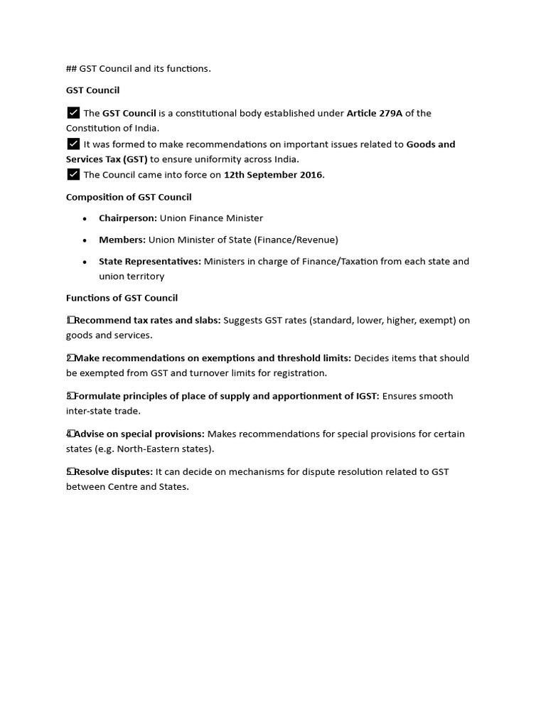 GST Council and Its Functions | PDF