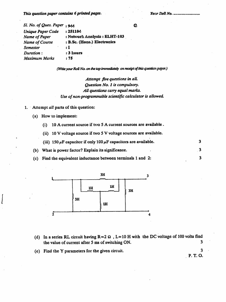 B.sc. (H) I - Electronics-Network Analysis Elht-103-944 | PDF