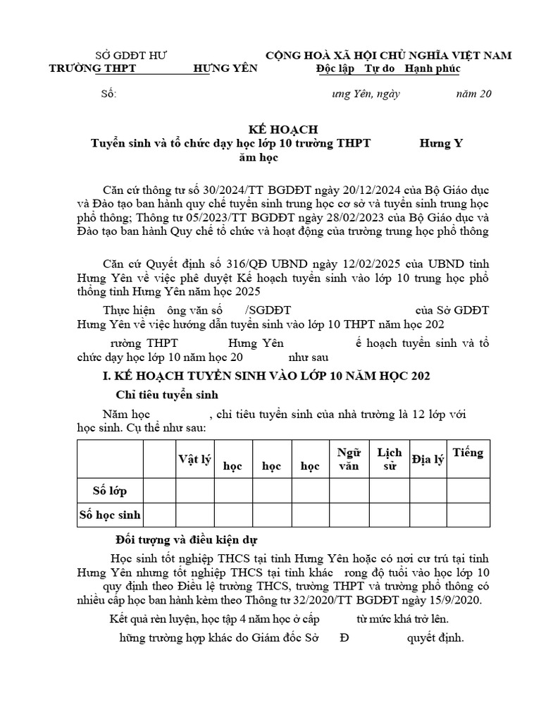 Kế Hoạch Tuyển Sinh Và Tổ Chức Dạy Học Lớp 10 Năm Học 2025-2026-CHY | PDF