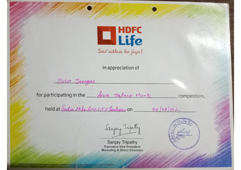Dilip HDFC Certificate | PDF