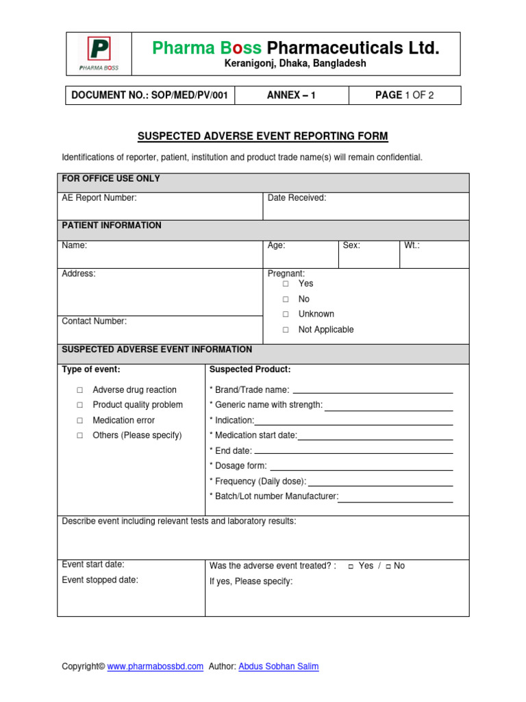 Annex 1 Suspected Adverse Event Reporting Form 1 | PDF | Dose ...