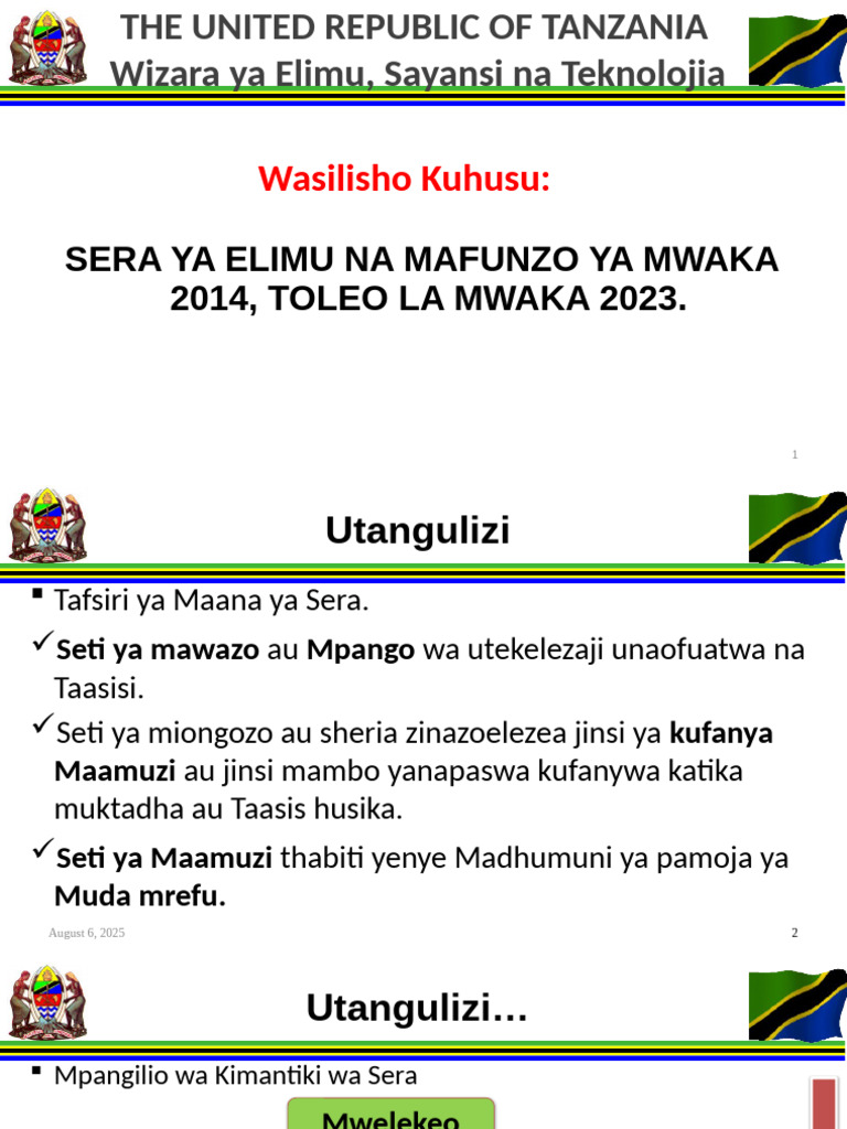 Wasilisho La Sera Ya Elimu Na Mafunzo 2014, Toleo La 2023 Ver-4 | PDF