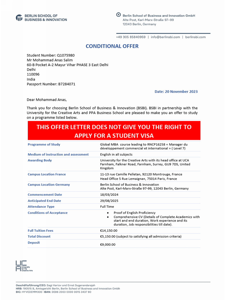 Q1075980 Conditional Offer Letter Mohammad Anas Salim | PDF | Cost Of Living | Travel Visa
