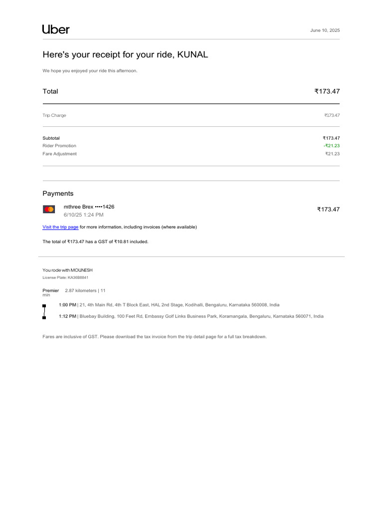 Uber Ride Receipt for Kunal - June 2025 | PDF