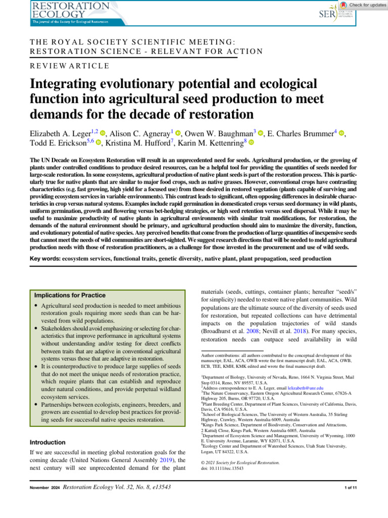 Restoration Ecology - 2021 - Leger - Integrating Evolutionary Potential ...