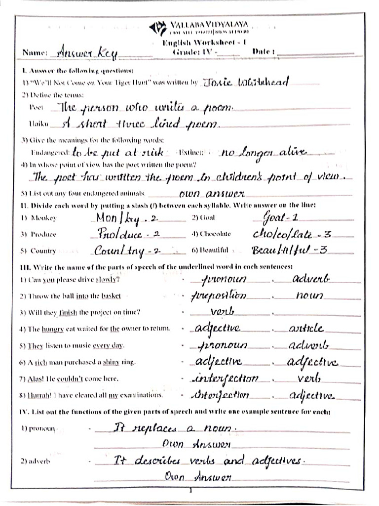 GR 4 Worksheet 1 Answerkey | PDF