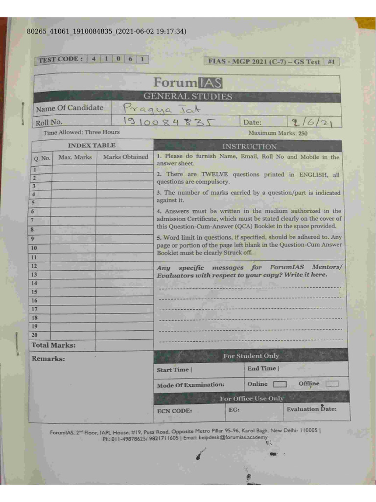 Pragya Jat IAS Rank 91 GS Copy 1 | PDF