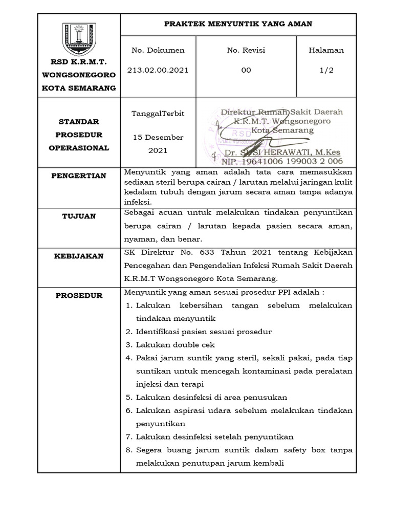 Prosedur Aman Menyuntik di RS Wongsonegoro | PDF