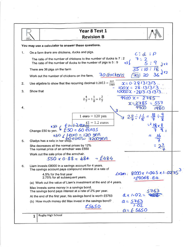 Y8 Test 1 Revision B Solutions | PDF
