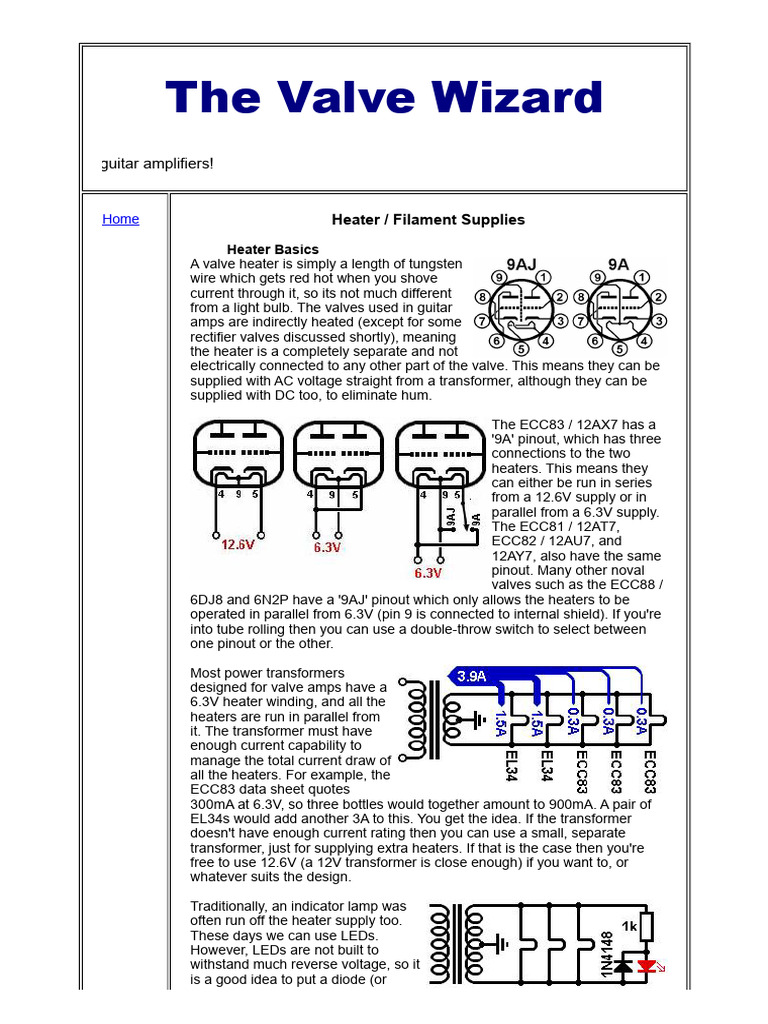 Valve Heater Wiring and Pinouts Guide | PDF | Vacuum Tube | Transformer