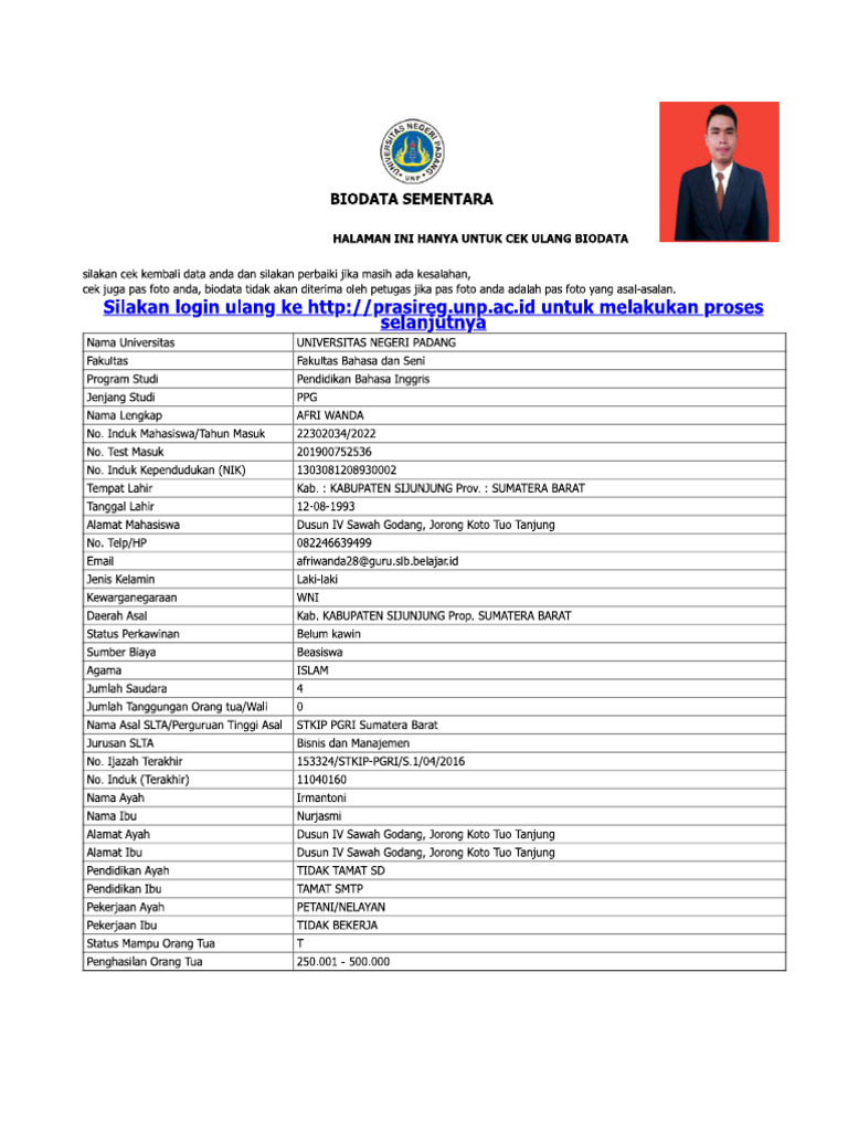 Cetak Biodata Sementara Afri | PDF