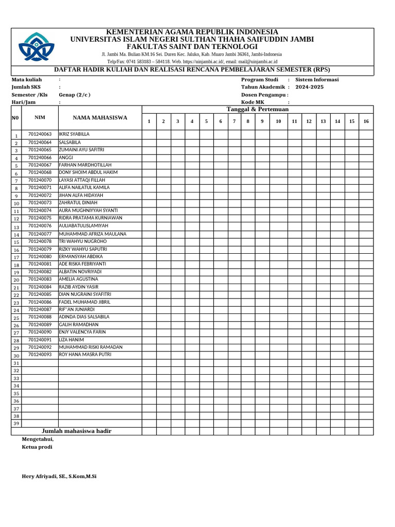 Absen Kelas SI C Farhan | PDF