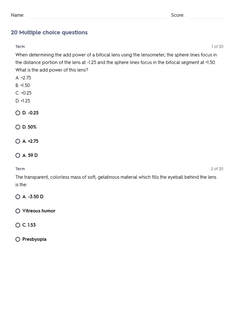 ABO Practice Test Questions and Answers | PDF | Eye | Electrodynamics