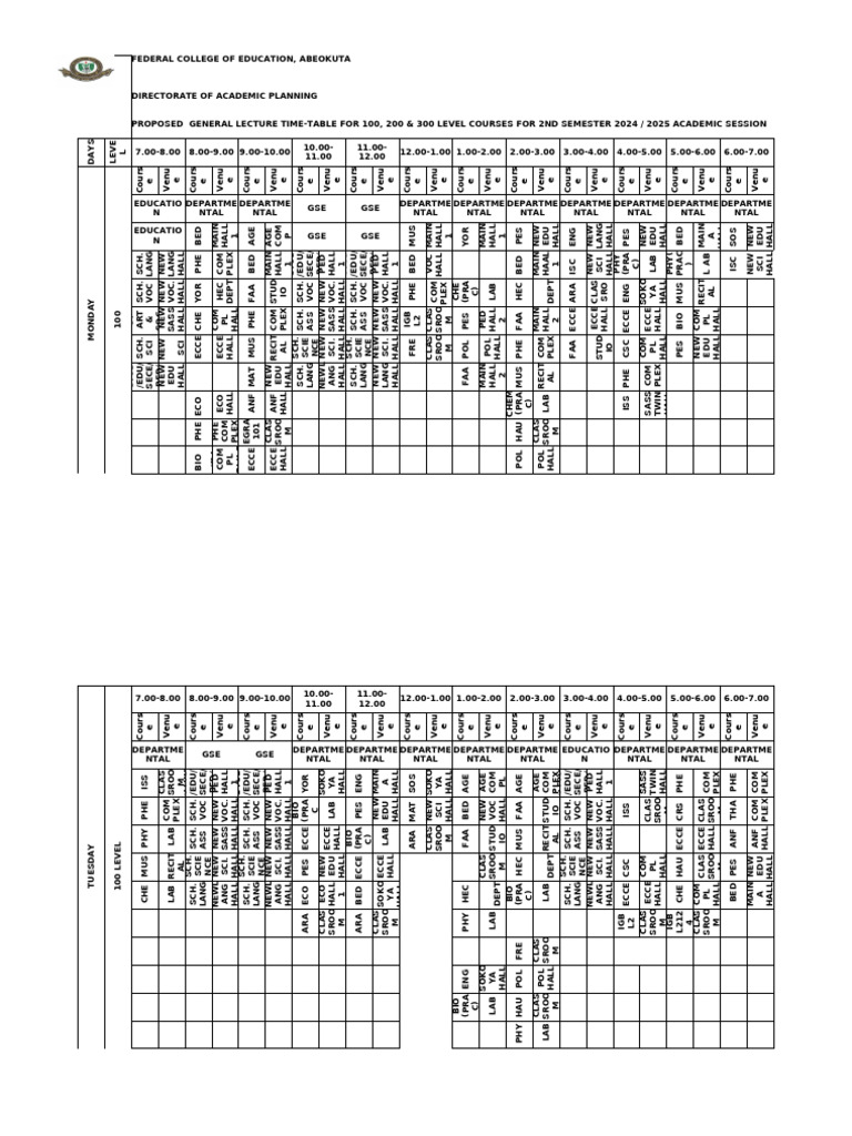 Second Semester Lecture Time Table | PDF
