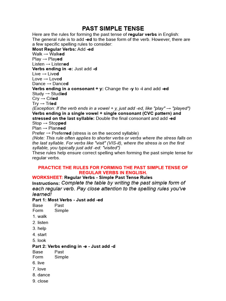 Past Simple Tense Rules for Verbs | PDF