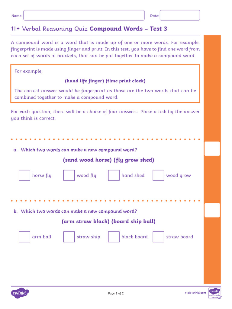 11+ Quiz on Compound Words | PDF