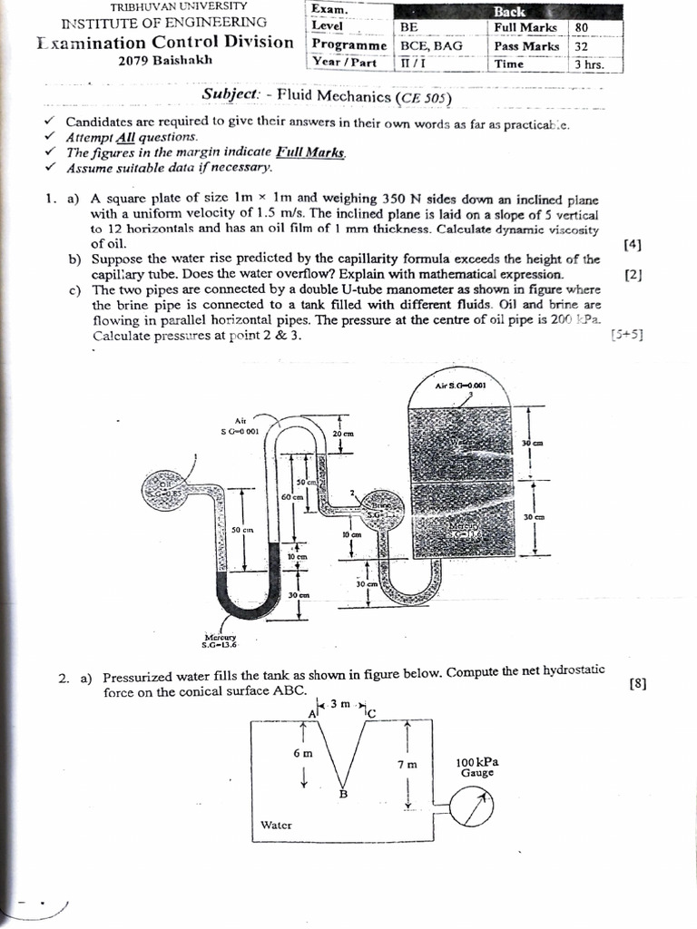 Fluid Mechanics-IOE Exam Questions | PDF | Pressure | Pressure Measurement