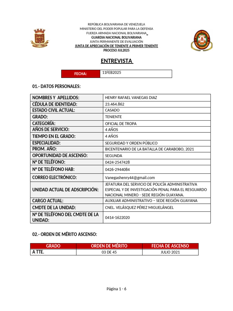 Hoja de Entrevista Junta Tte. Vanegas Diaz Henry | PDF | Teniente | Gobierno
