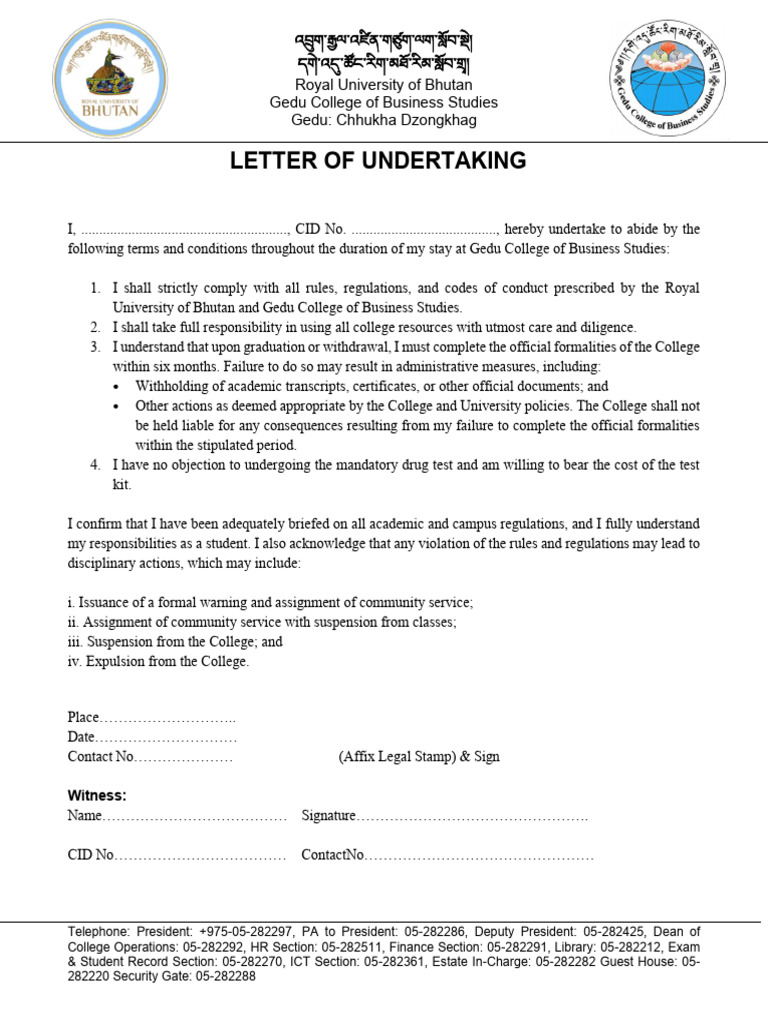 Gedu College Student Undertaking Form | PDF | Justice | Crime & Violence