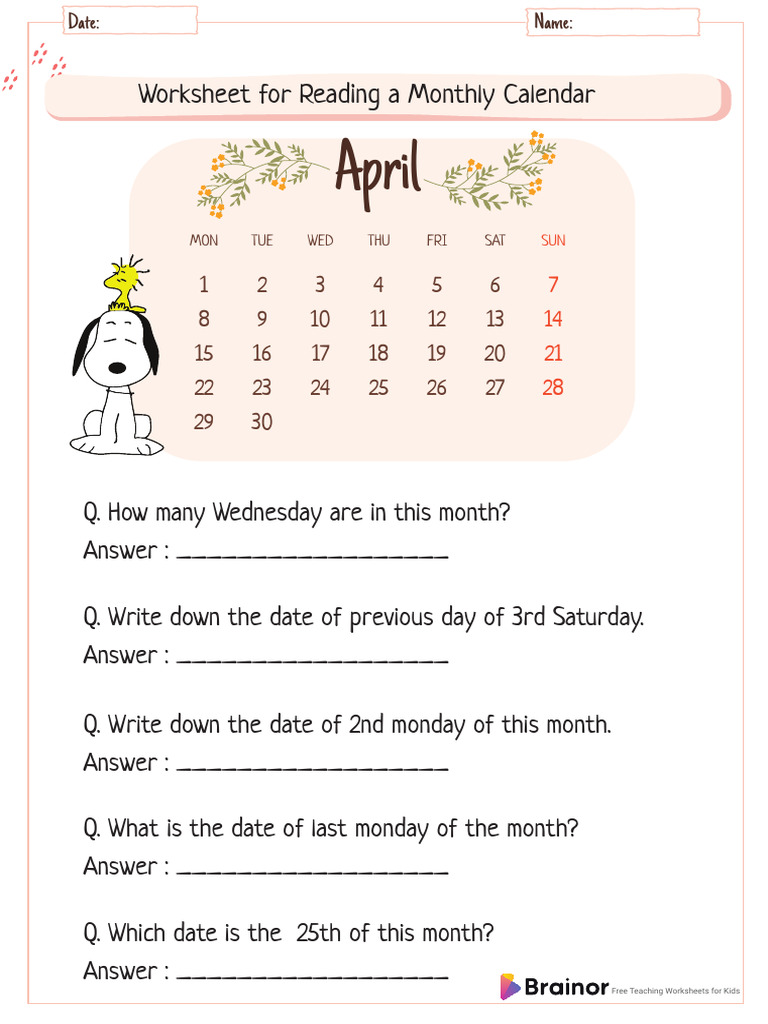 Reading A Calendar Worksheet 2 | PDF