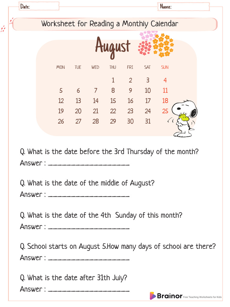 Calendar Reading Worksheet for Kids | PDF