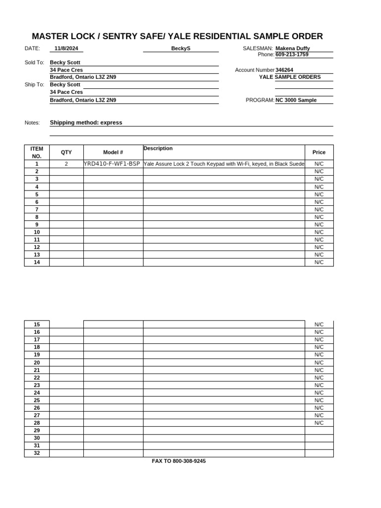 Sample Order Form - Becky Scott (Ecobee) | PDF