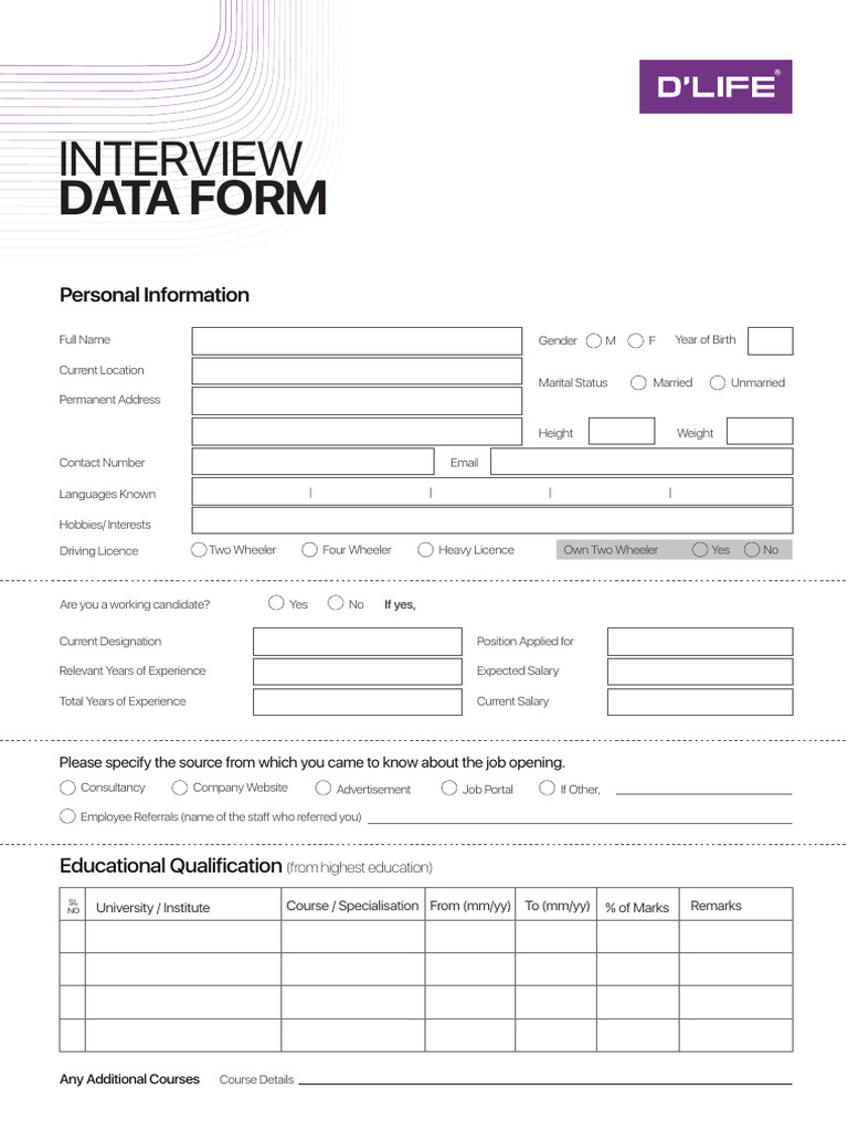 Interview Data Form - DLIFE | PDF