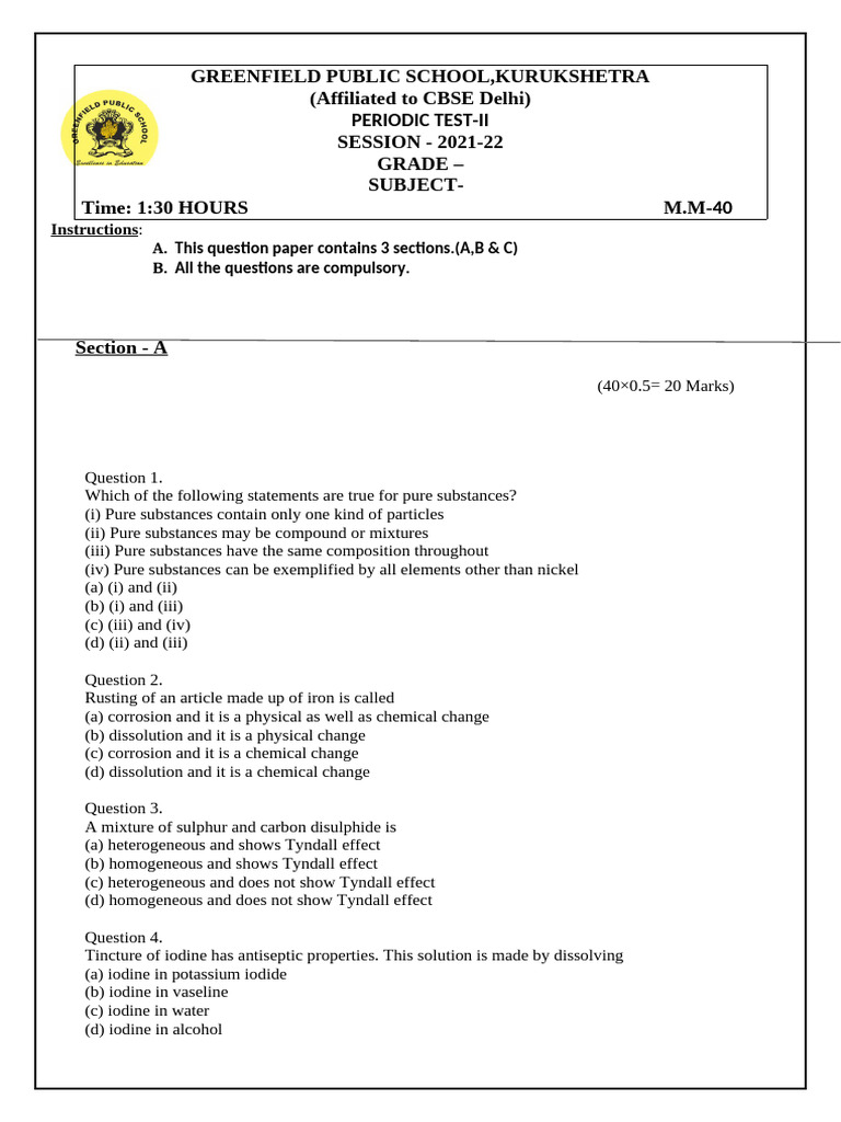 PT II Question Paper of 9th Class | PDF | Mixture | Filtration