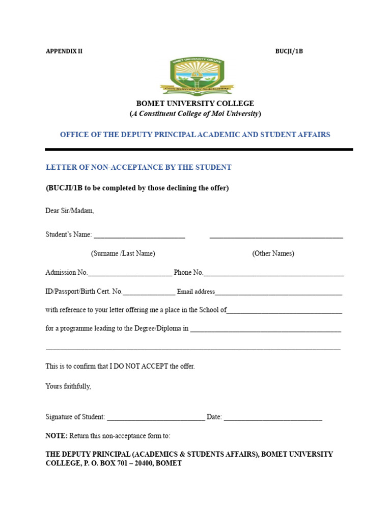 BUCJI 1B - Non Acceptance Form | PDF