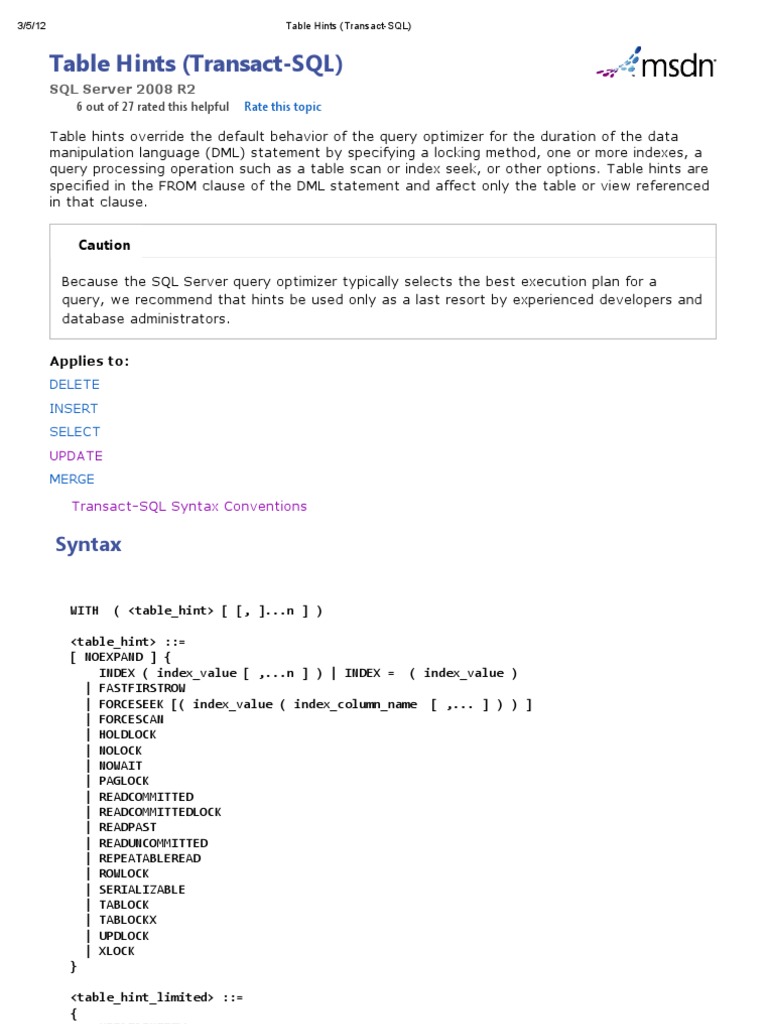 Table Hints SQL | PDF | Database Index | Database Transaction Table Hints SQL | PDF | Database Index | Database Transaction