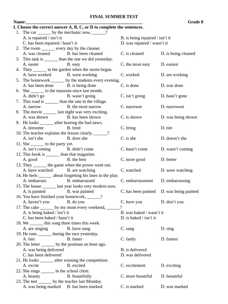 Grade 8 Summer Test Questions | PDF