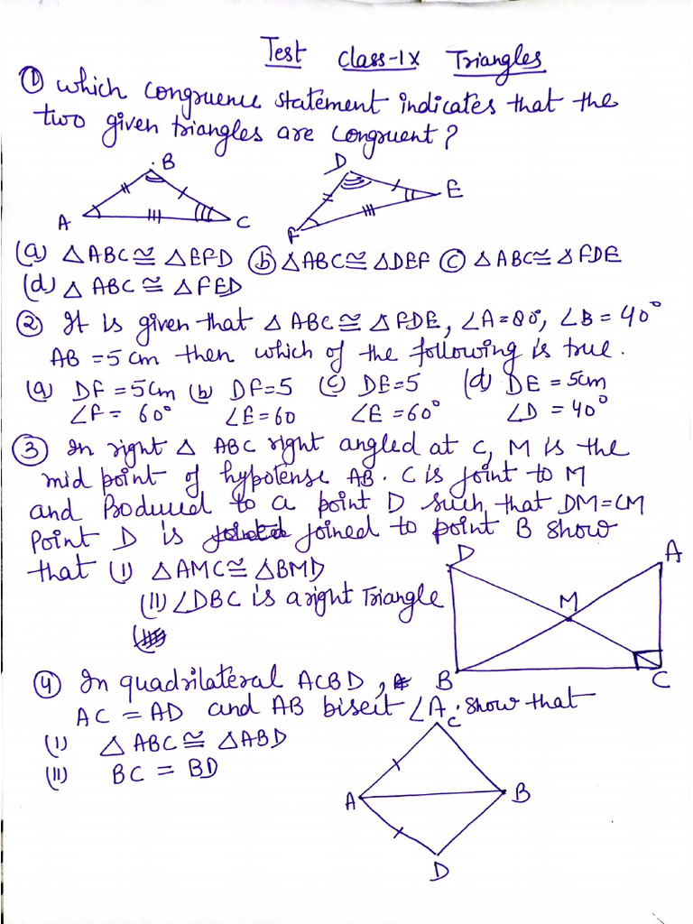 Triangles Class Ix Test | PDF