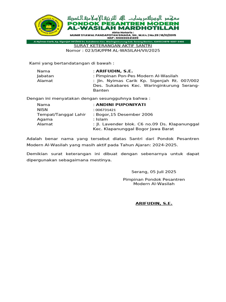 Contoh Surat Keterangan Aktif Santri | PDF