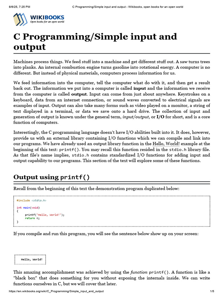 C Programming - Simple Input and Output - Wikibooks, Open Books For An Open World | PDF ...