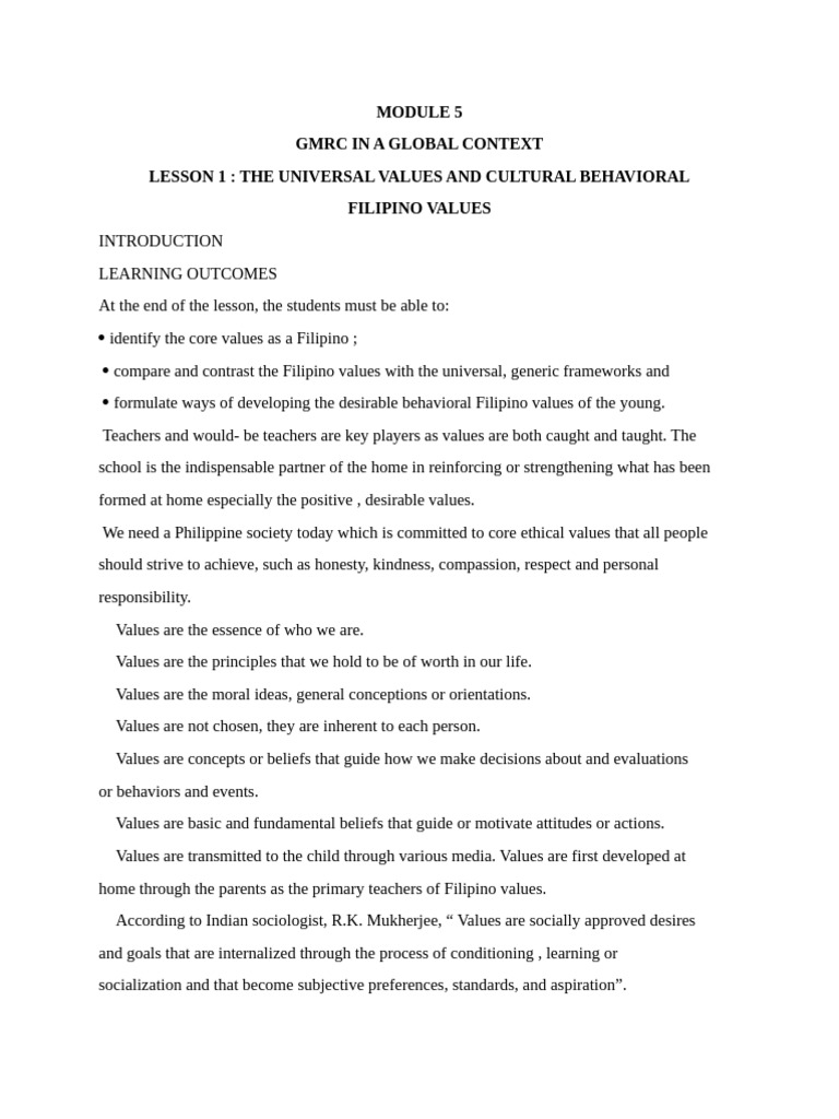 Module 5 GMRC in A GLOBAL CONTEXT Lesson Materials PDF | PDF | Value ...