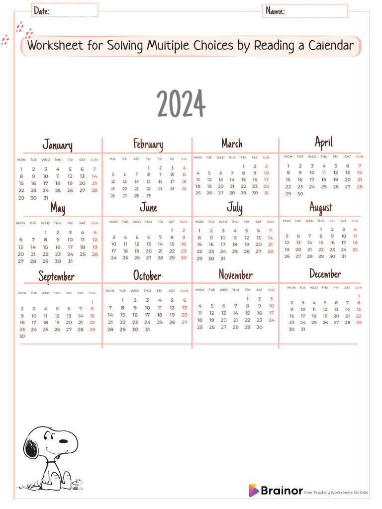 Reading A Calendar Worksheet 10 | PDF