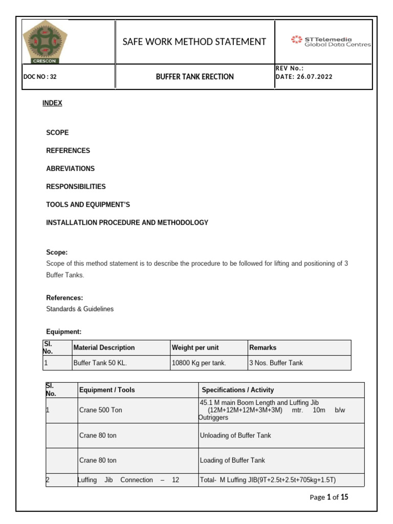 Buffer Tank Erection Safety Method Statement | PDF | Crane (Machine ...