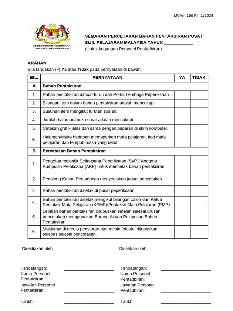 LP - Am 166 Borang Semakan Percetakan Bahan Pentaksiran Pusat SPM Pin.1 ...
