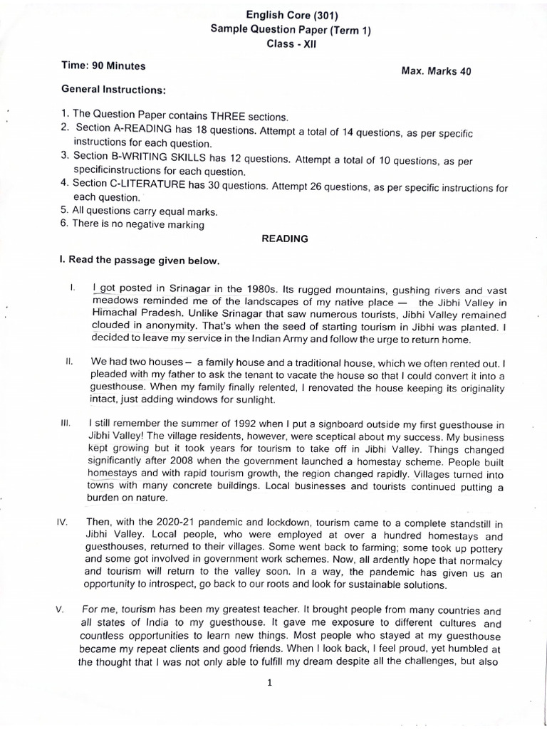 Sample Paper Class 12 Cbse English | PDF