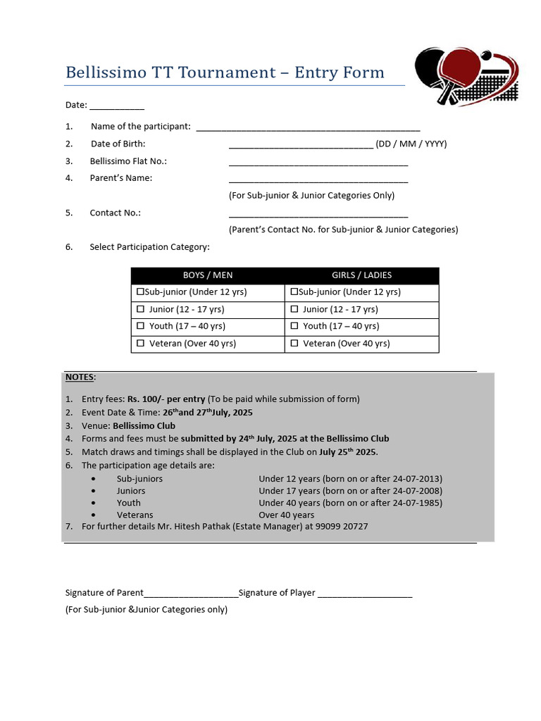 Bellissimo TT Tournament Entry Form | PDF