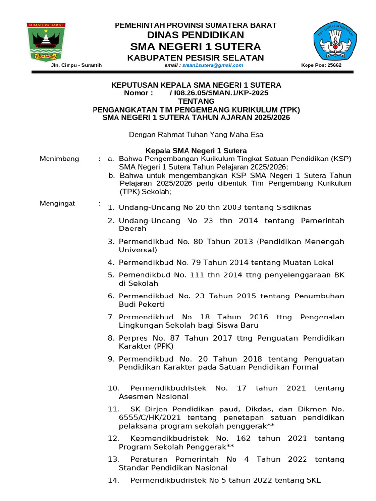 SK TPK SMA Negeri 1 Sutera 2024-2025 | PDF