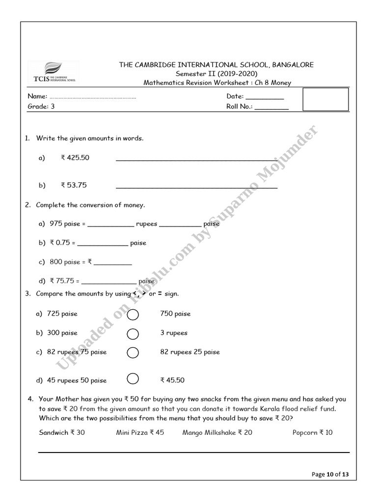 Class 3 Maths Worksheet on Money | PDF | Rupee