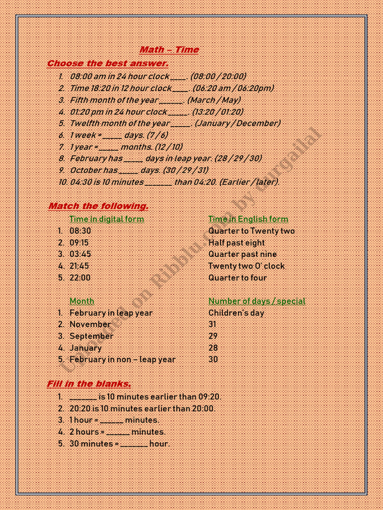 Cbse Class 3 Time Maths Worksheet 2021 | PDF