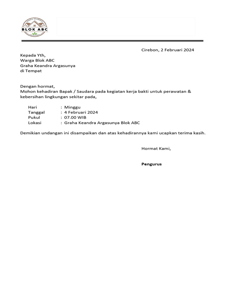 Undangan Kerja Bakti GKA ABC I-2024 | PDF