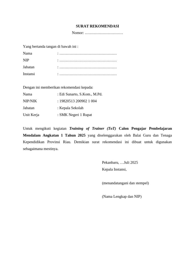 Format Surat Rekomendasi | PDF